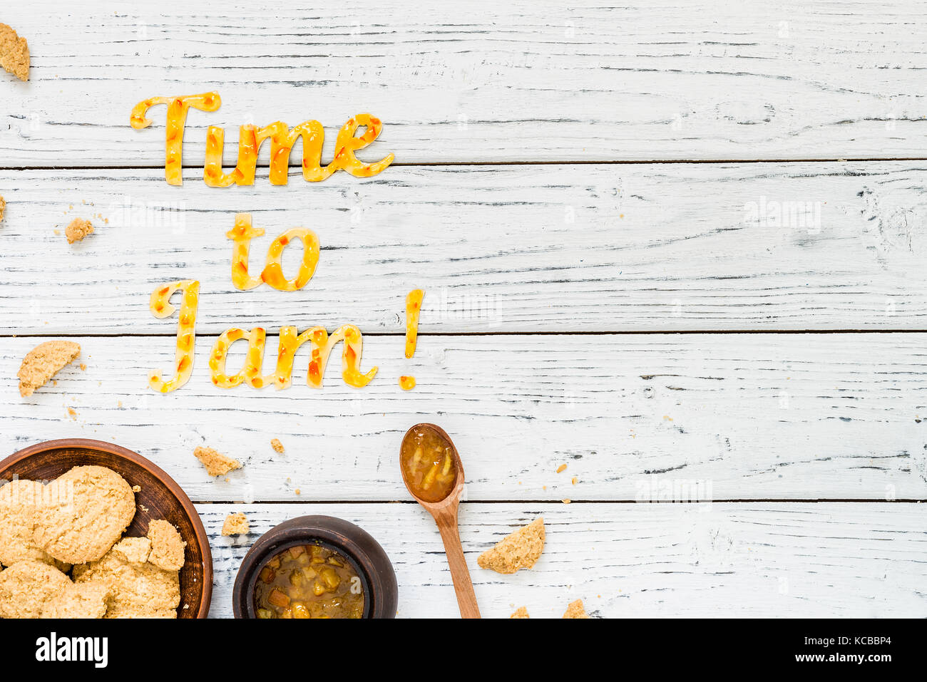 Food typography Time to Jam on white wooden rustic background, copy ...