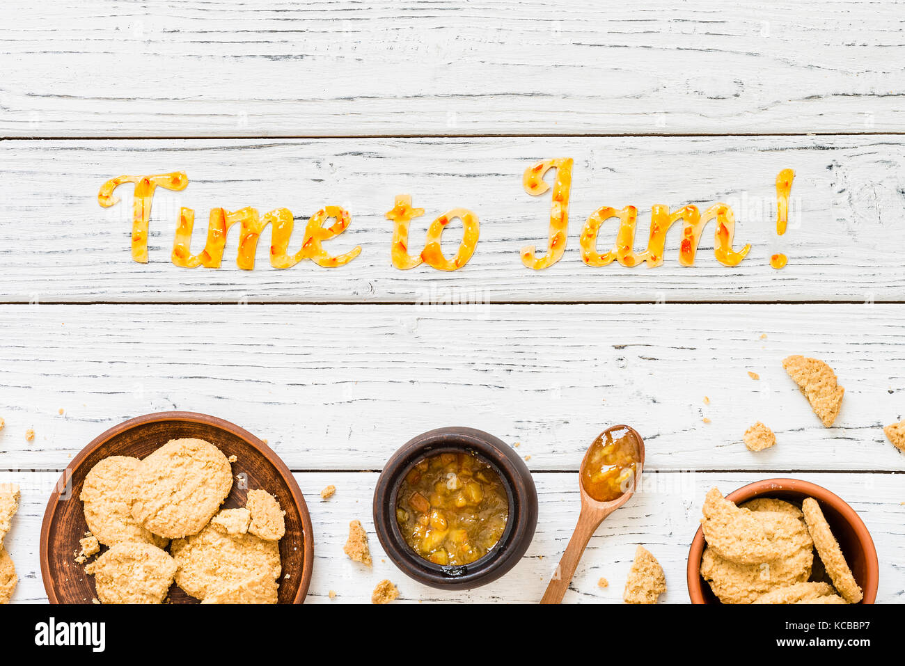 Food typography Time to Jam on white wooden rustic background. Orange ...