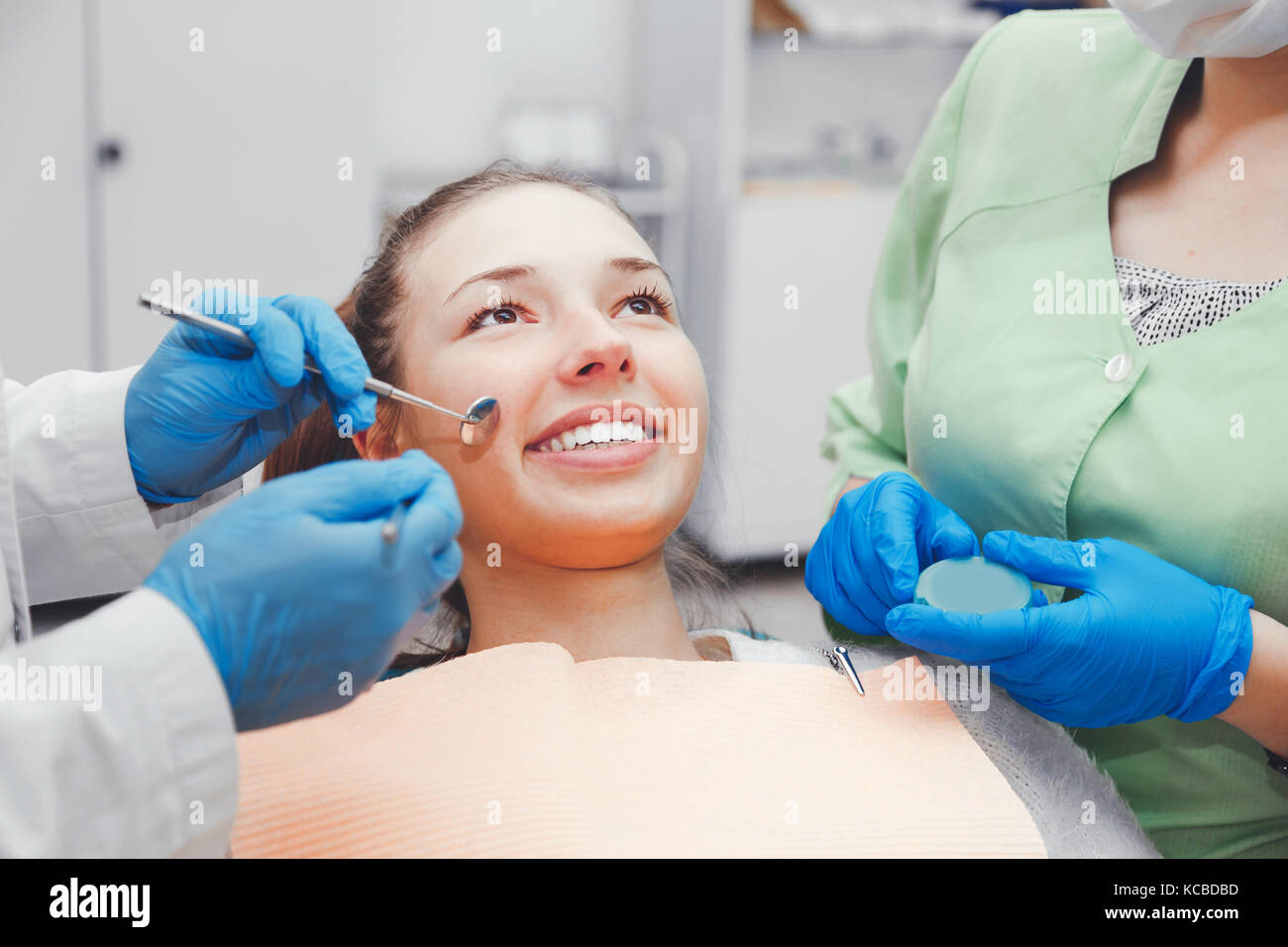 The girl with a beautiful smile at the reception at the dentist Stock ...