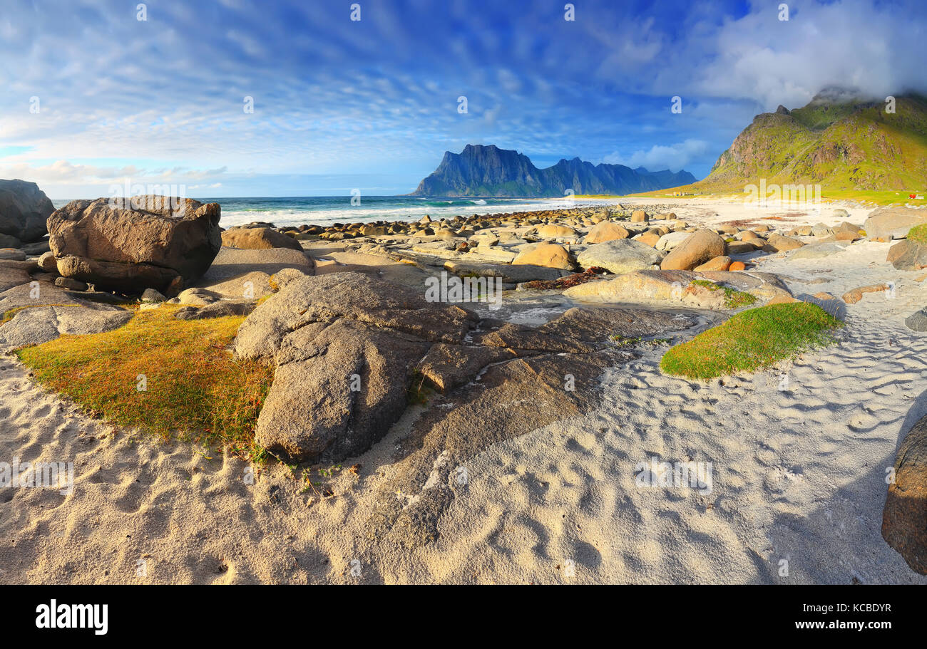 North beach of Norway with white sand in the sunny evening. Summer ...