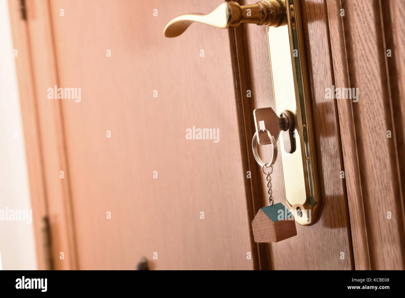 Entrance door detail of a house with keys in the lock. Lateral view ...