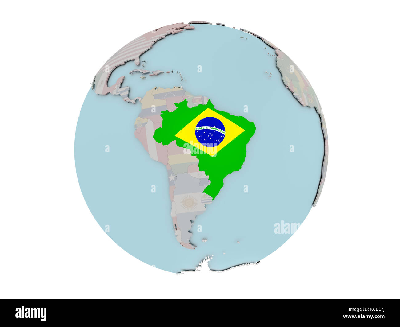 Brazil on political globe with embedded flags. 3D illustration isolated ...