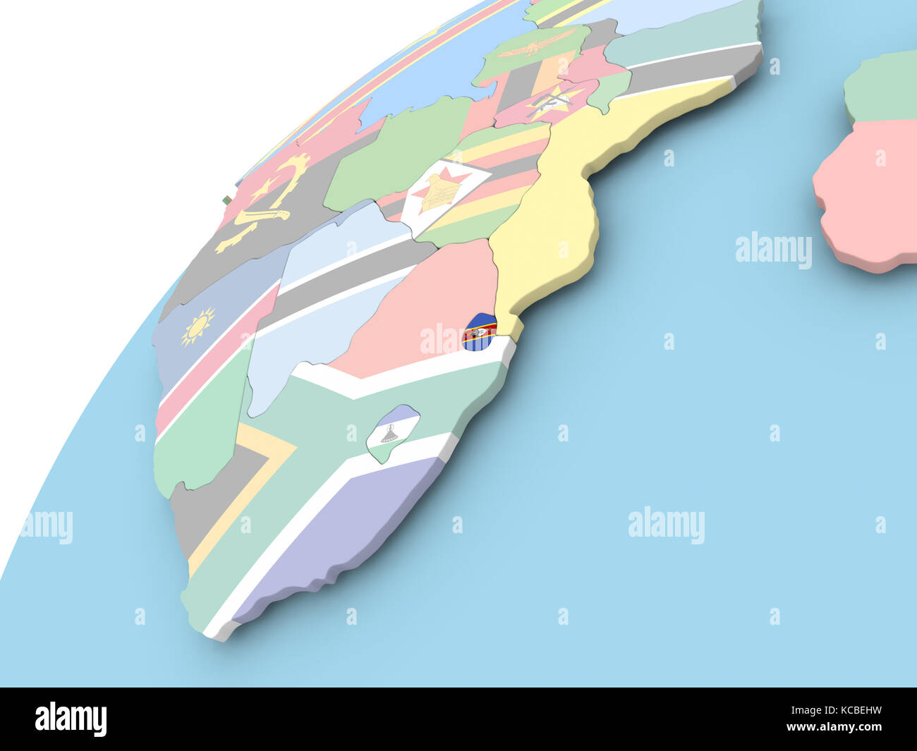 Map of Swaziland on political globe with embedded flag. 3D illustration ...