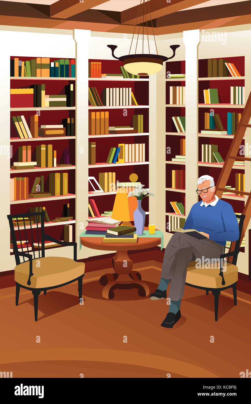 A vector illustration of Senior Man Reading a Book in the Library Stock ...