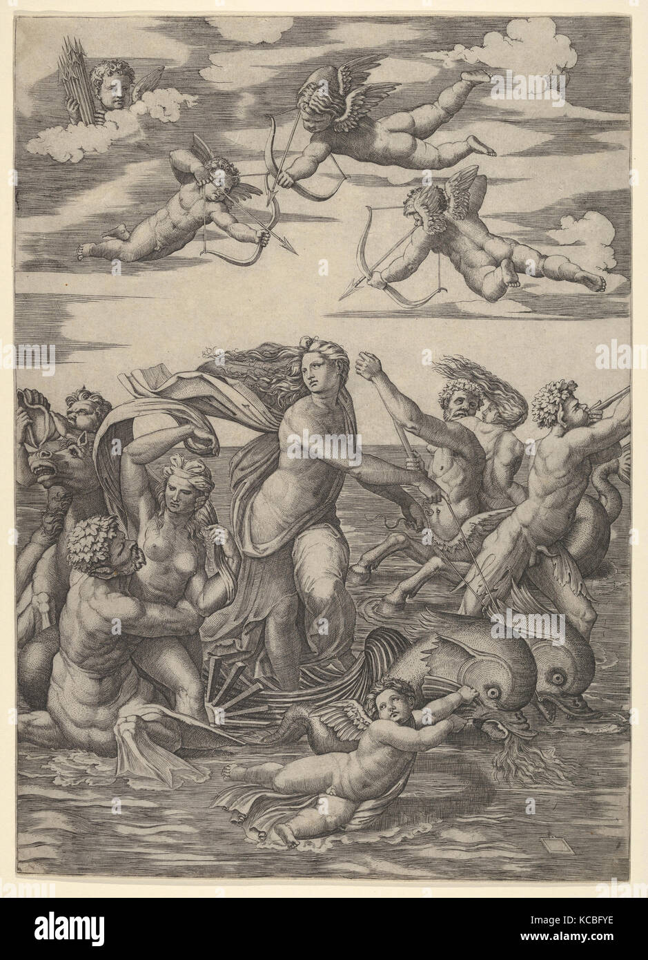 Galatea standing in a water-chariot pulled by two dolphins, surrounded ...