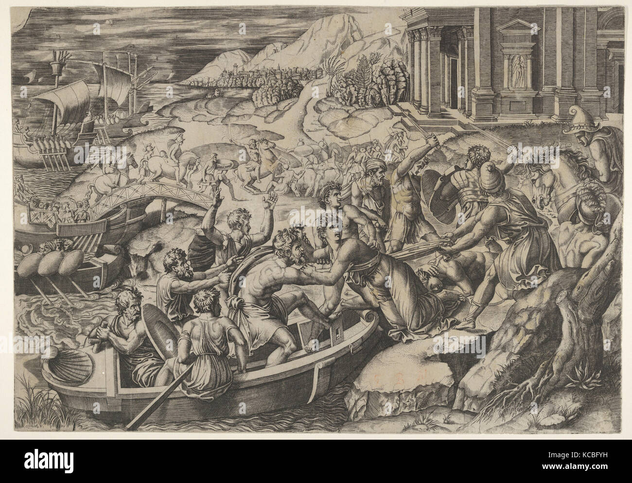 The abduction of Helen; battle scene on a shore with two men pulling ...