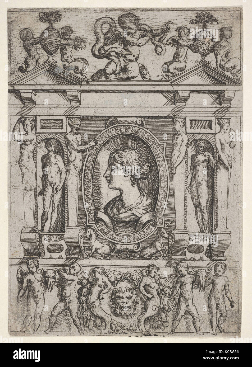 Bust of a woman in profile facing left, set in an elaborate frame with ...