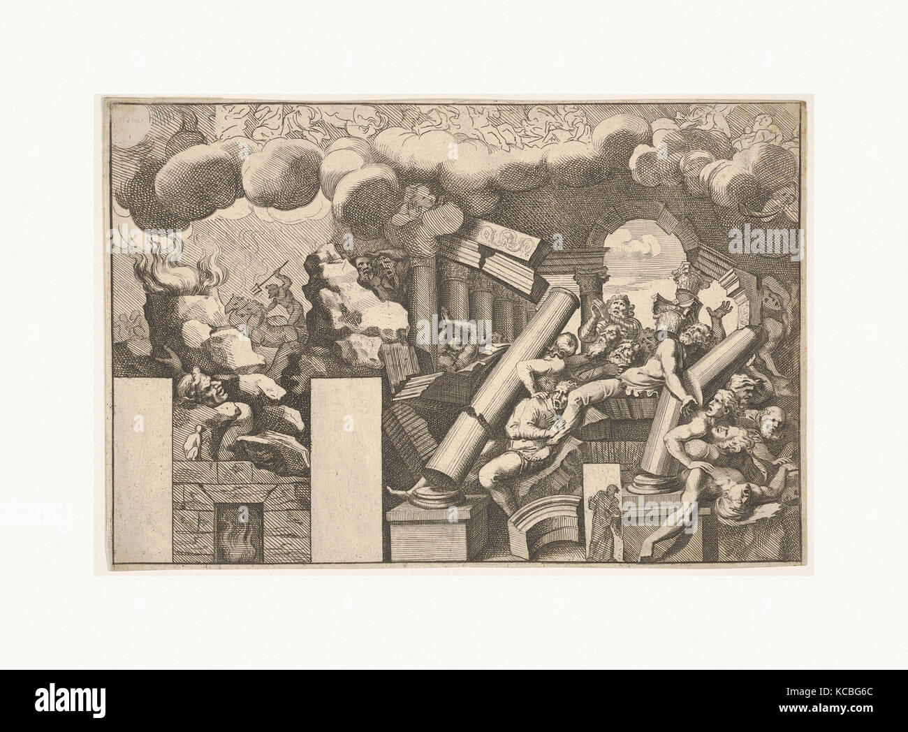 Giants crushed by rocks and the falling columns of the temple, clouds ...
