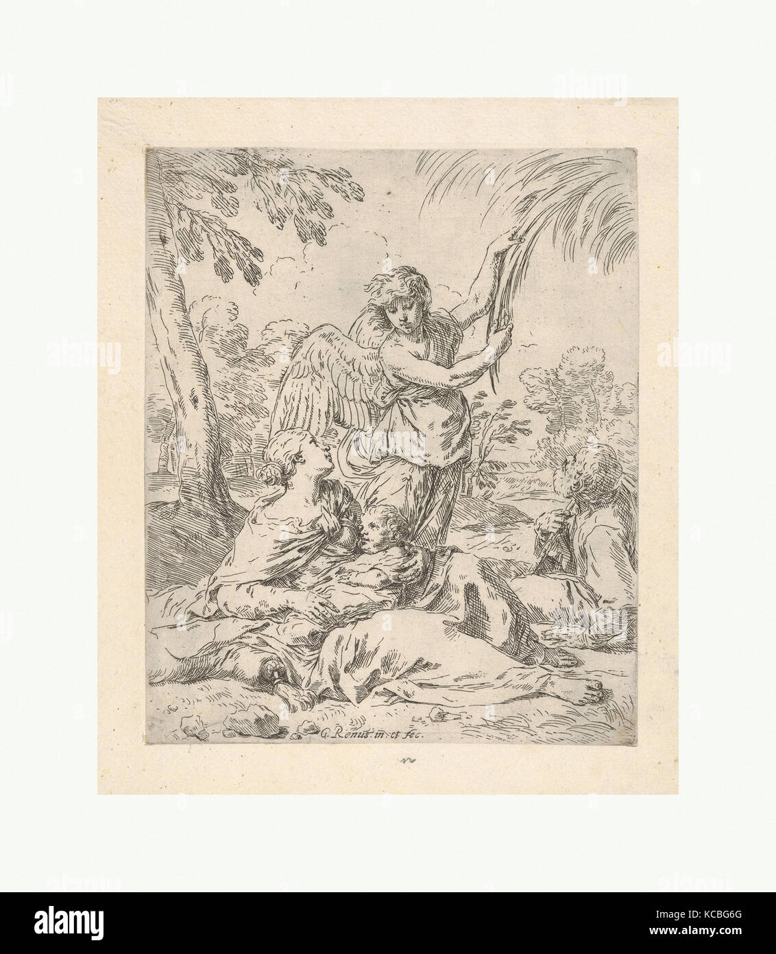 Repose in Egypt, Mary nursing the infant Christ while an angel pulls at ...