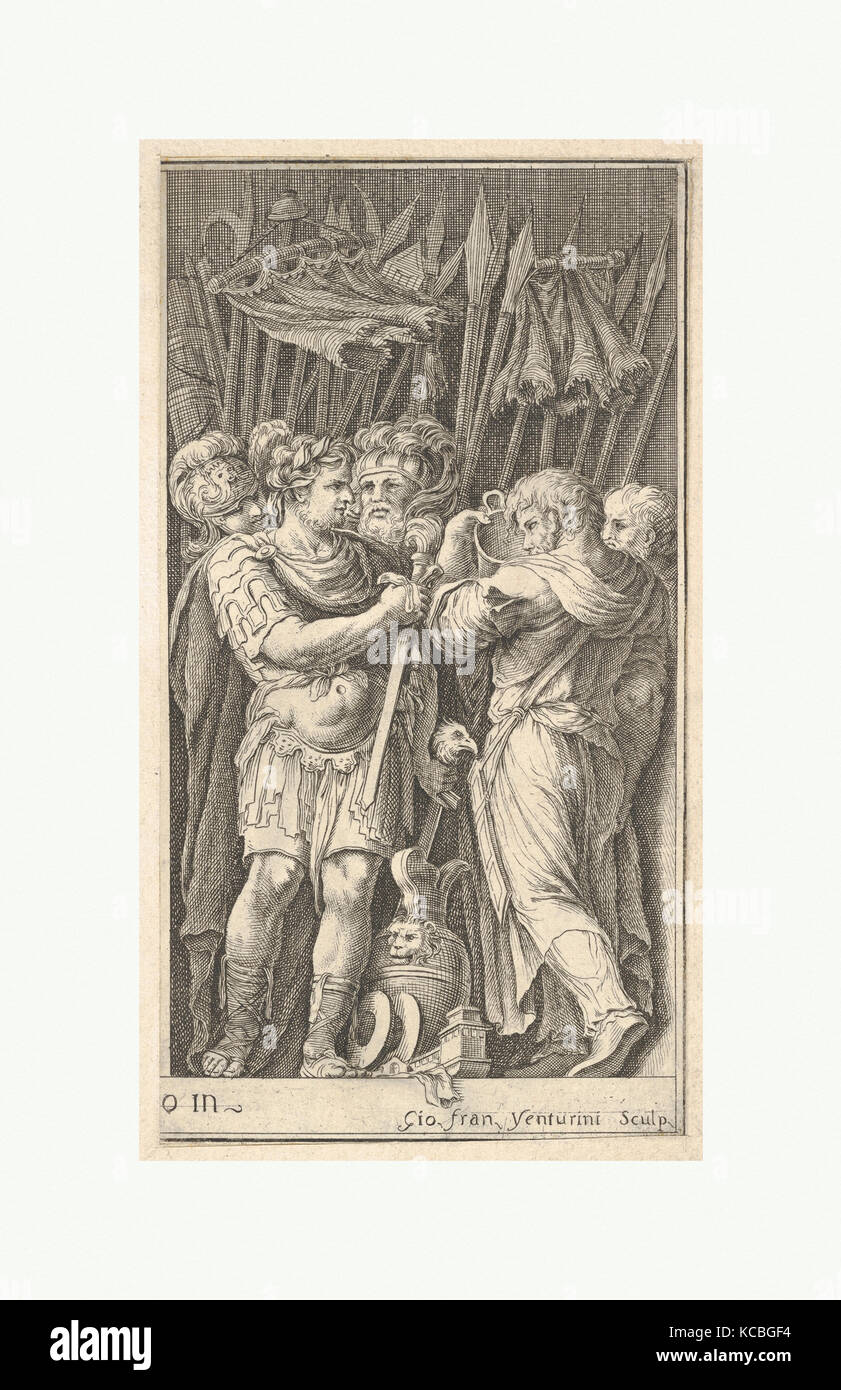 Soldiers, one shown frontally and holding a sword, at right a soldier ...