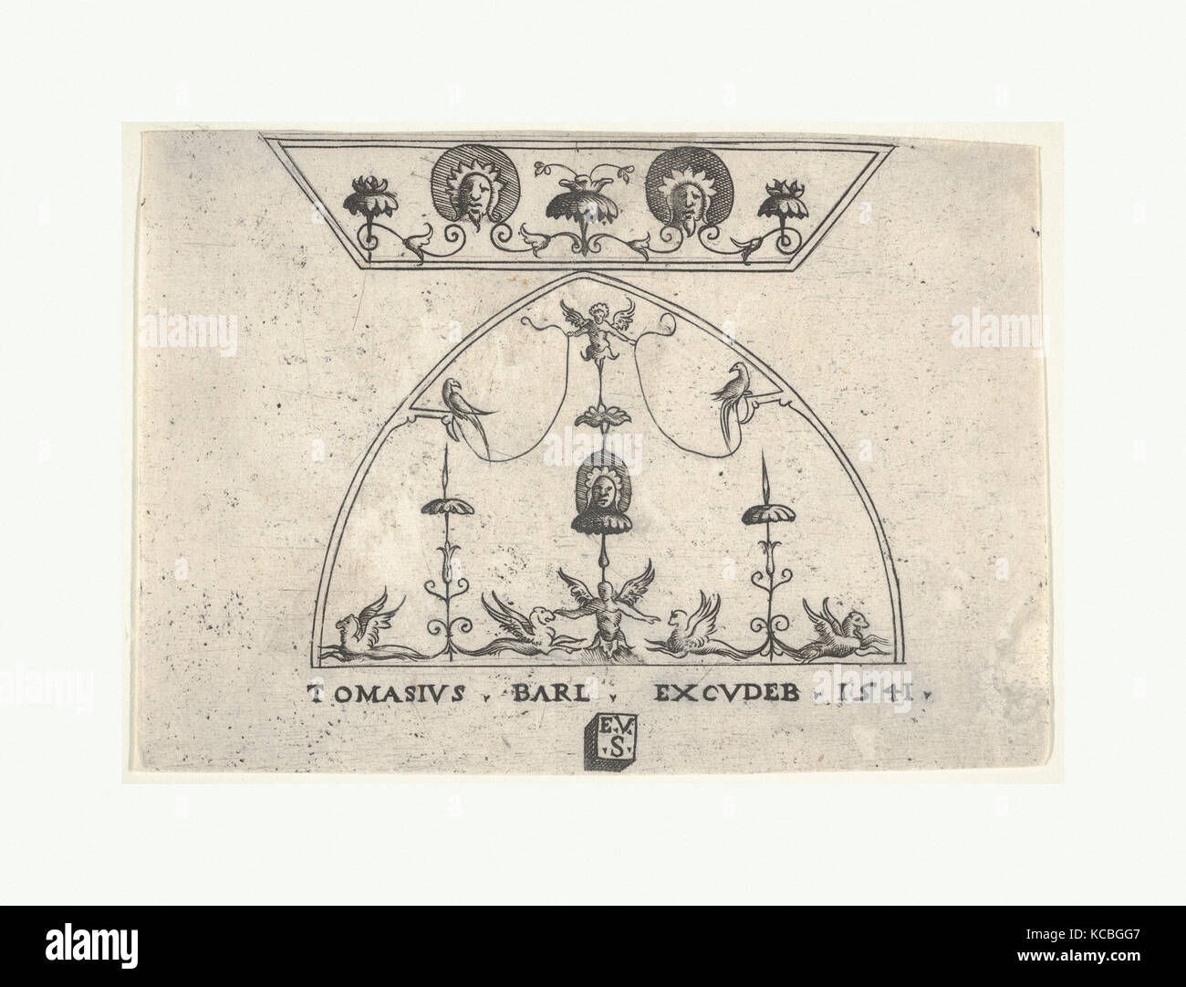 Two panels of grotesque decoration, with winged human figures, birds ...