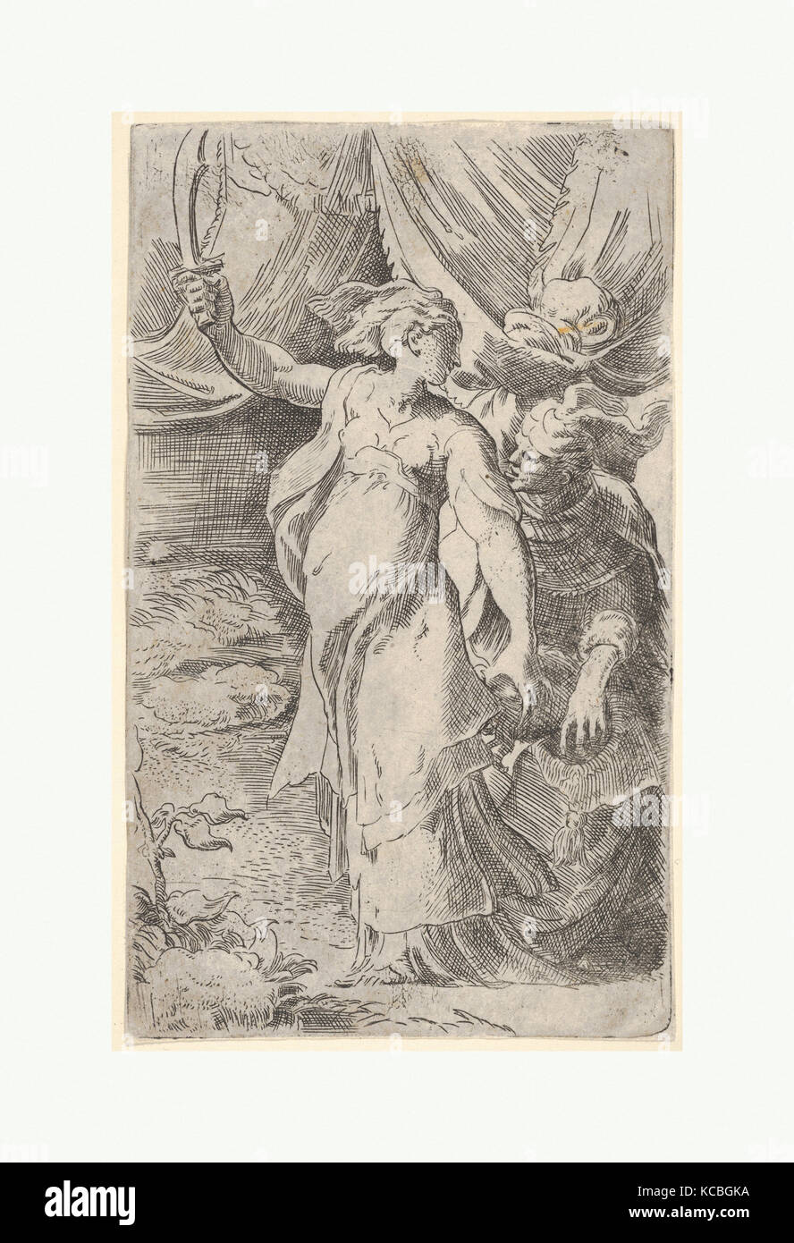 Judith with the head of Holofernes, which she places into a sack held ...