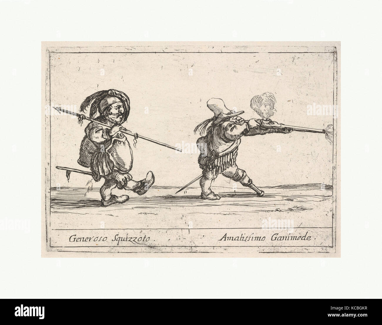 Callot figures; a dwarf man with a spear at left walking towards the ...