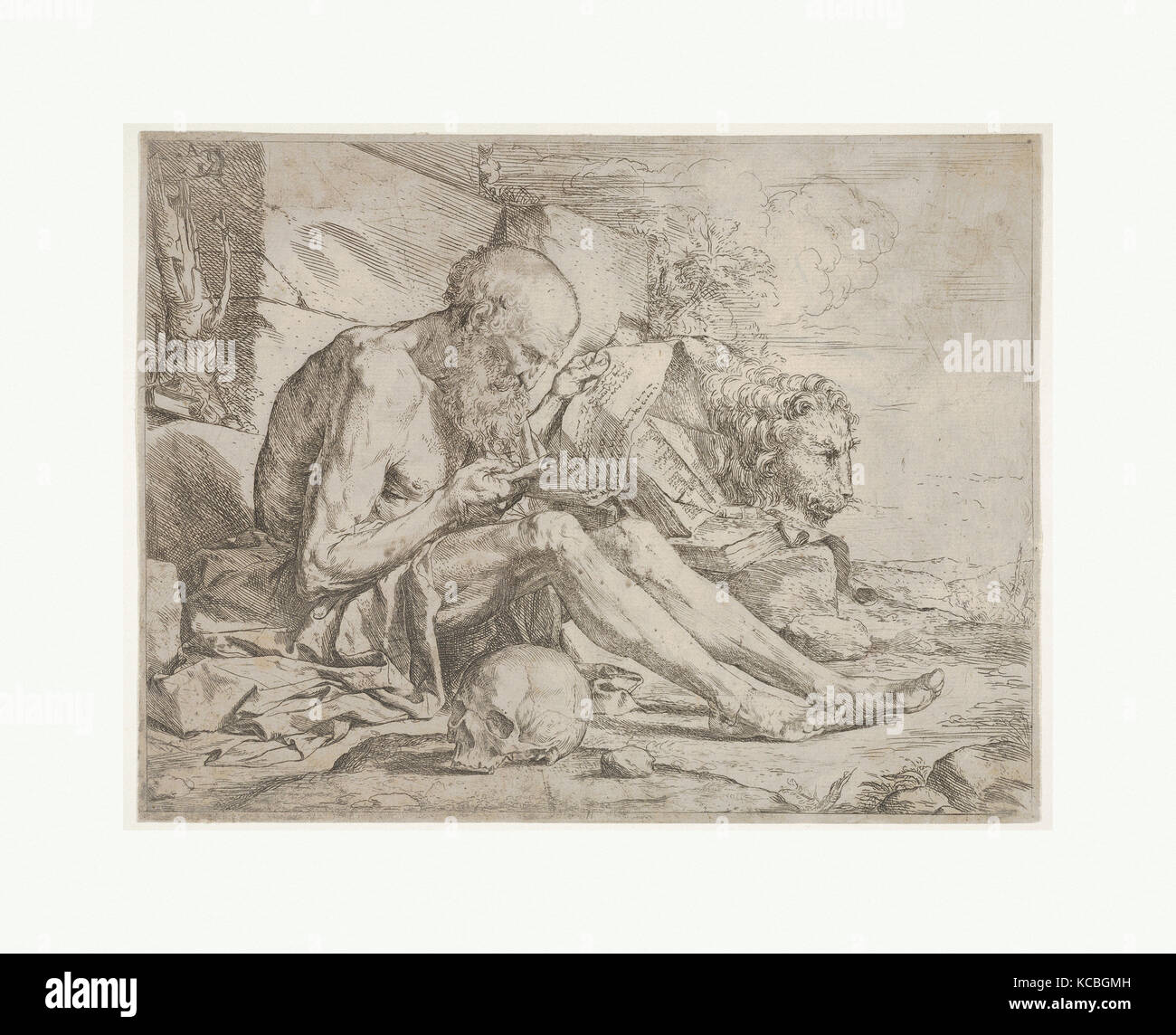 St. Jerome seated on the ground and reading an inscribed scroll, a ...