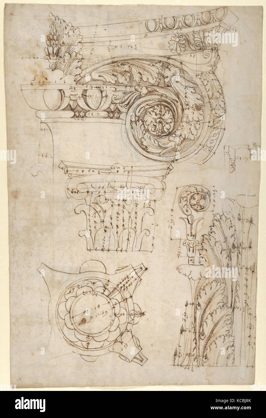 Composite capital, plan, elevation, and details; frieze, detail (recto ...