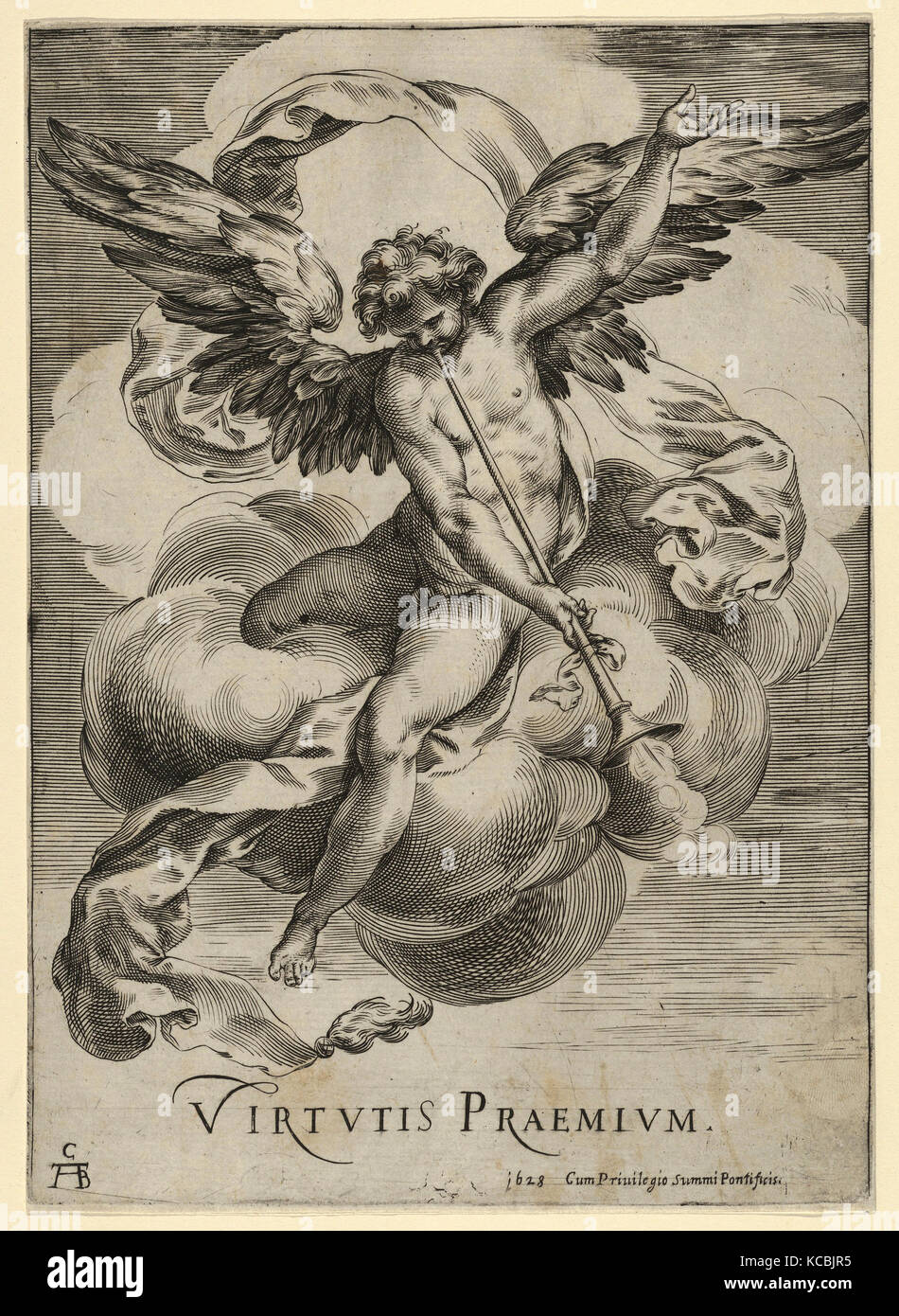 Winged genius seated on a cloud, sounding a trumpet with his left hand ...