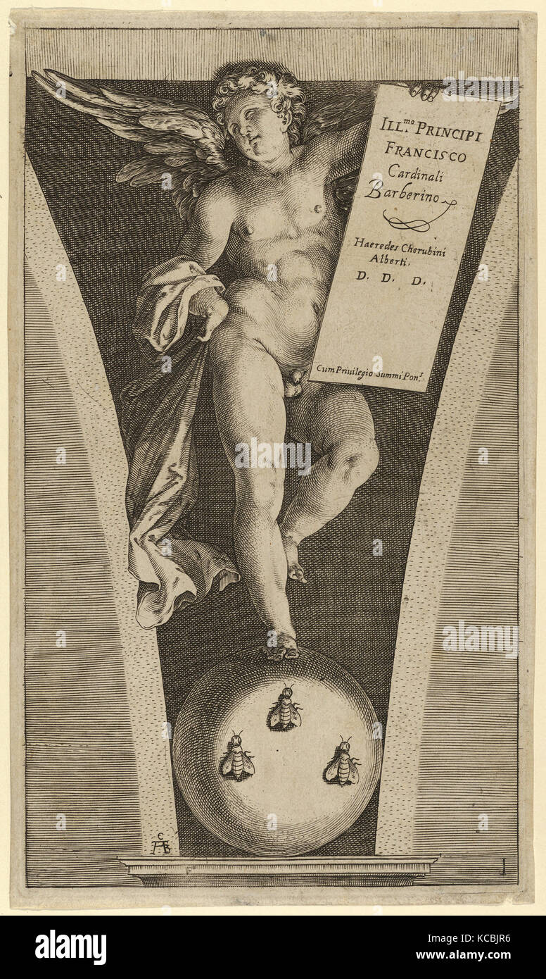 Drawings and Prints, Print, Winged genius holding a tableau, standing ...