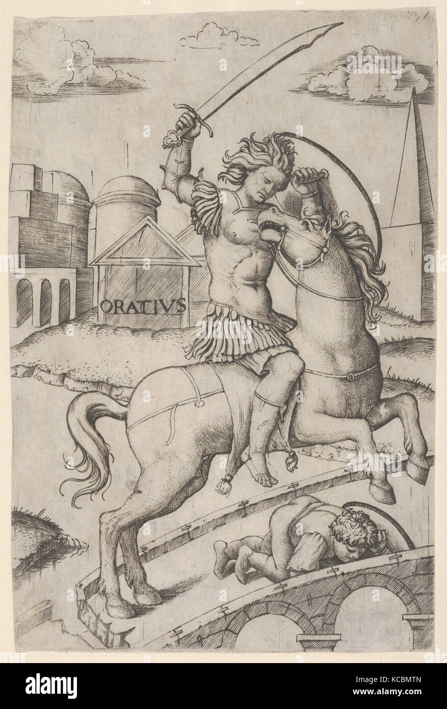 Horatius Cocles on horseback, trampling a fallen soldier, Marcantonio ...