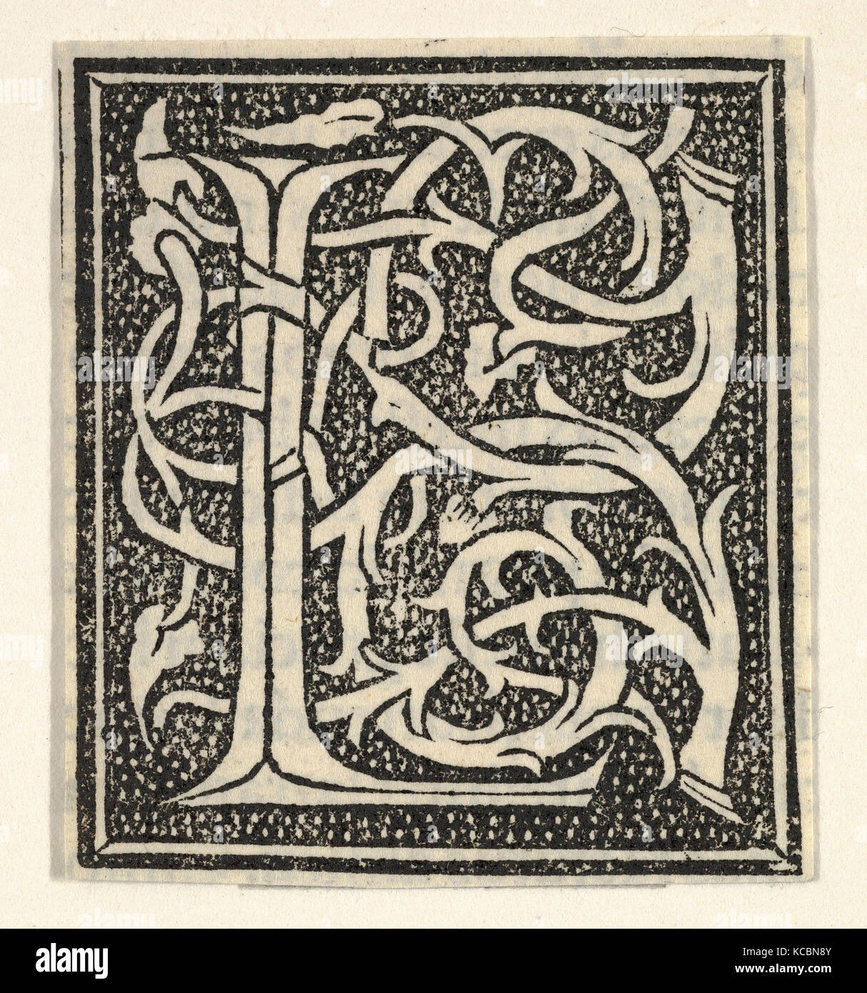 Drawings and Prints, Print, Initial letter L on patterned background ...