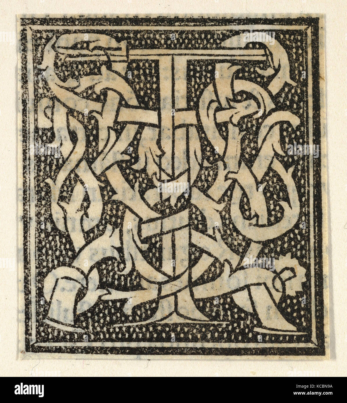 Drawings and Prints, Print, Initial letter T on patterned background ...