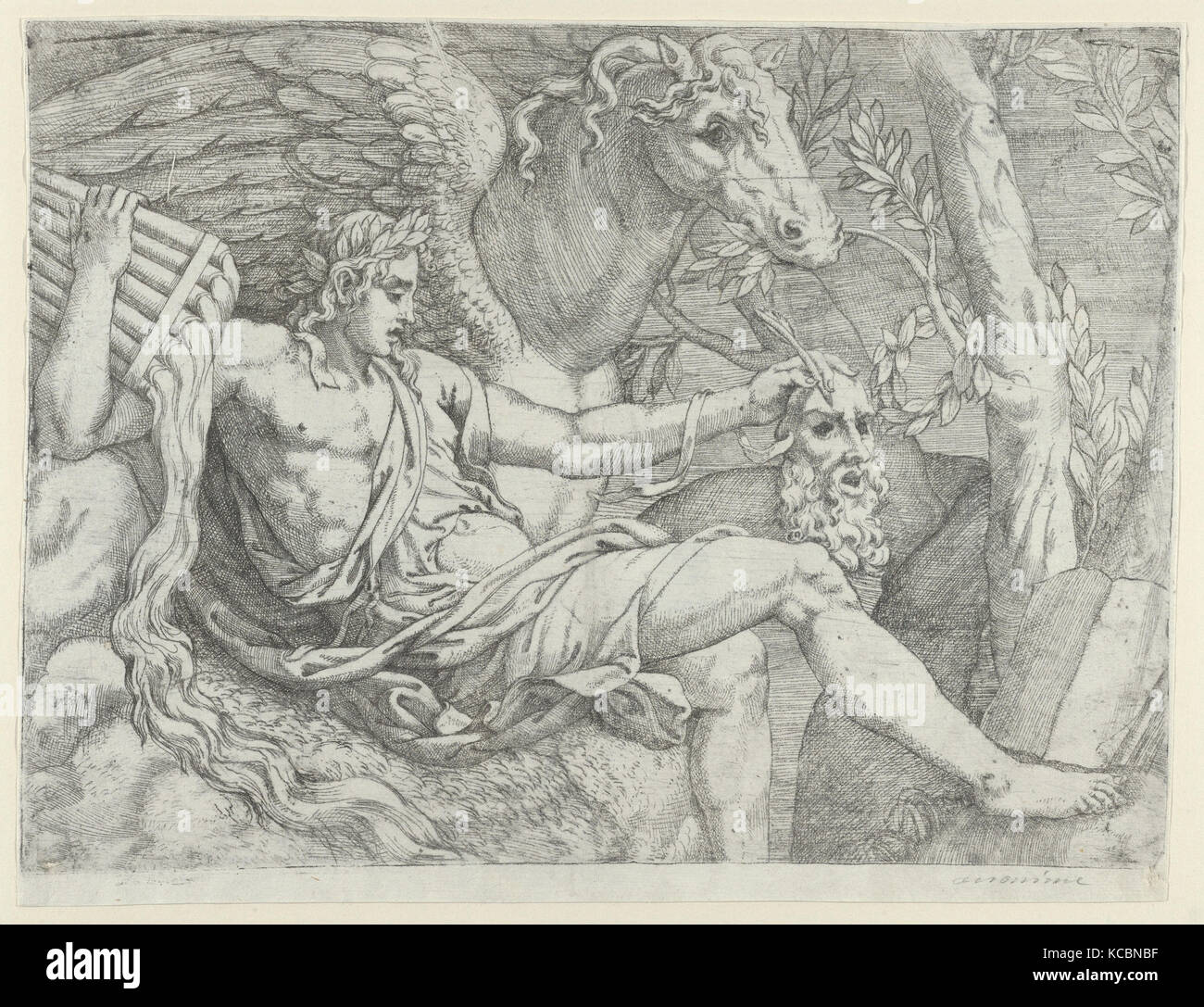 Apollo holding pipes in his right hand accompanied by Pegasus, Angiolo ...