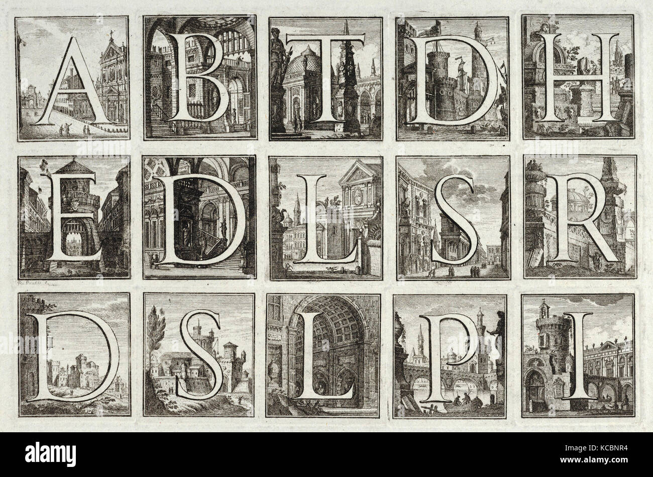 Drawings and Prints, Print, Roman alphabet against architectural ...