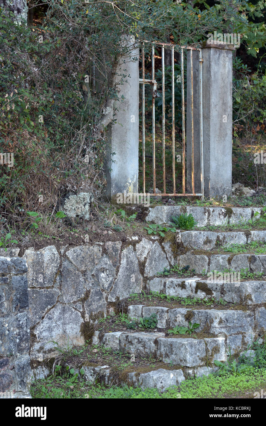 a set of stone steps rising to a locked metal bar gate with a stone ...
