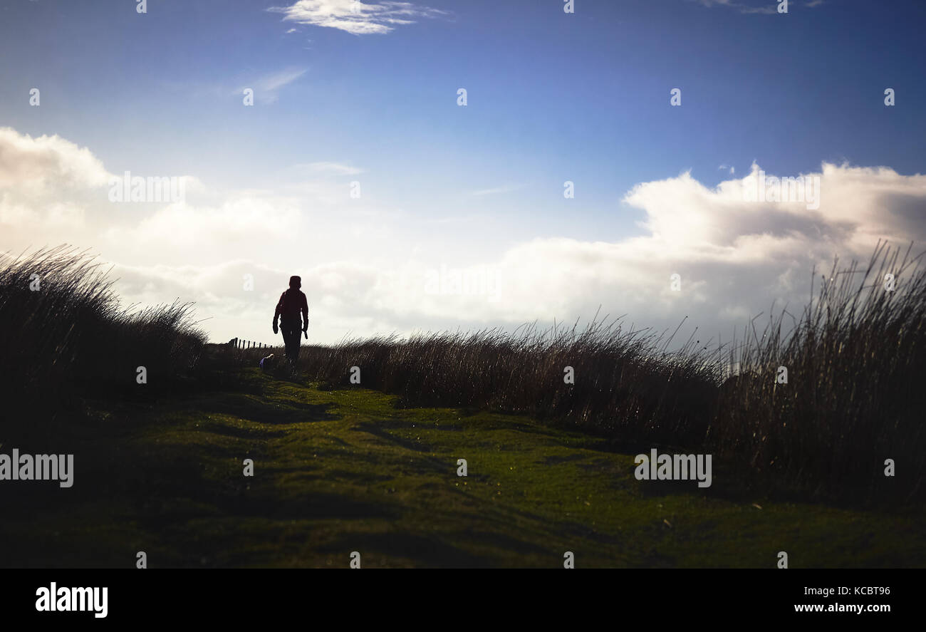 A hiker exploring the English Countryside, Muggleswick Common near ...