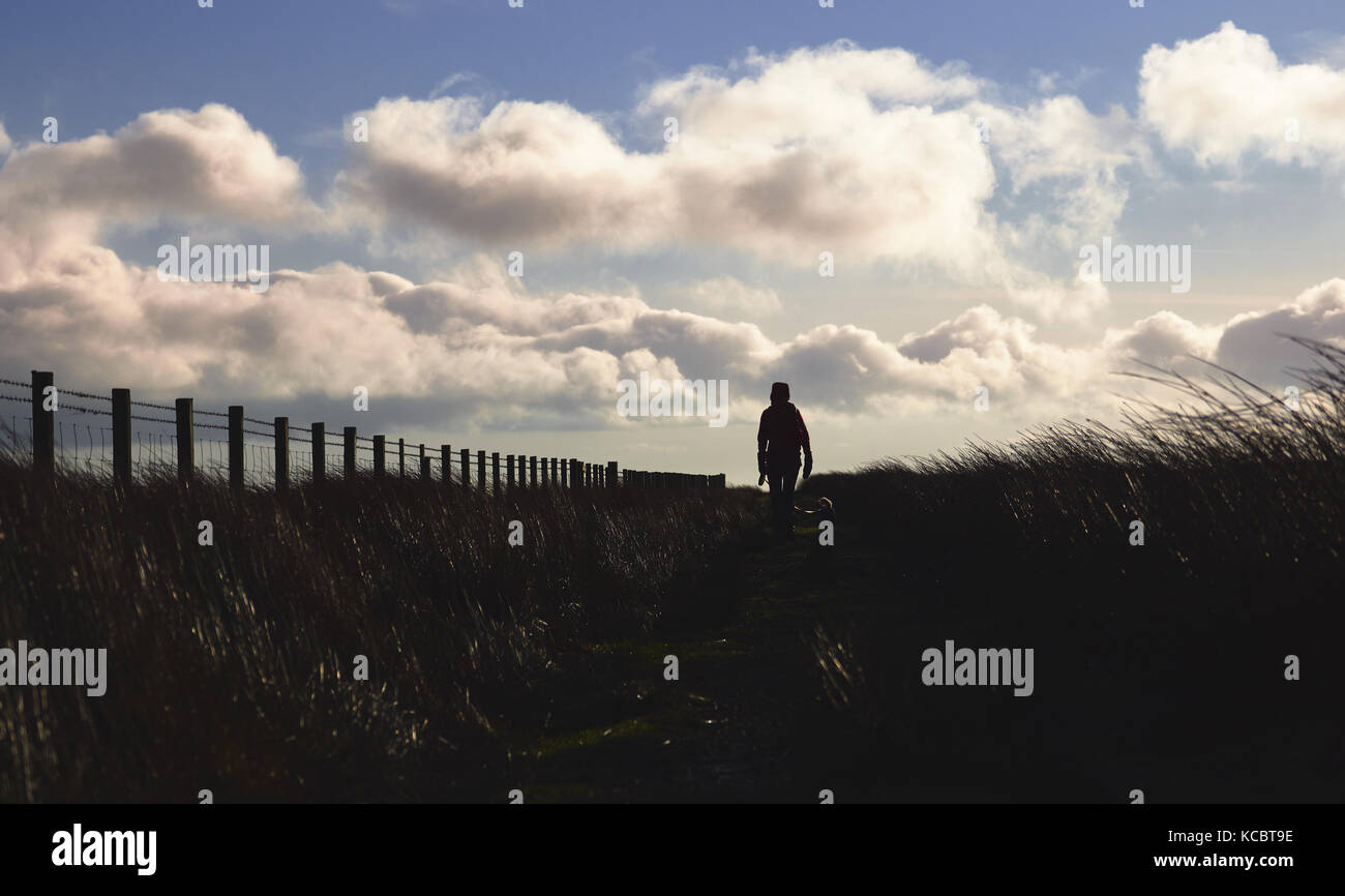A hiker exploring the English Countryside, Muggleswick Common near ...