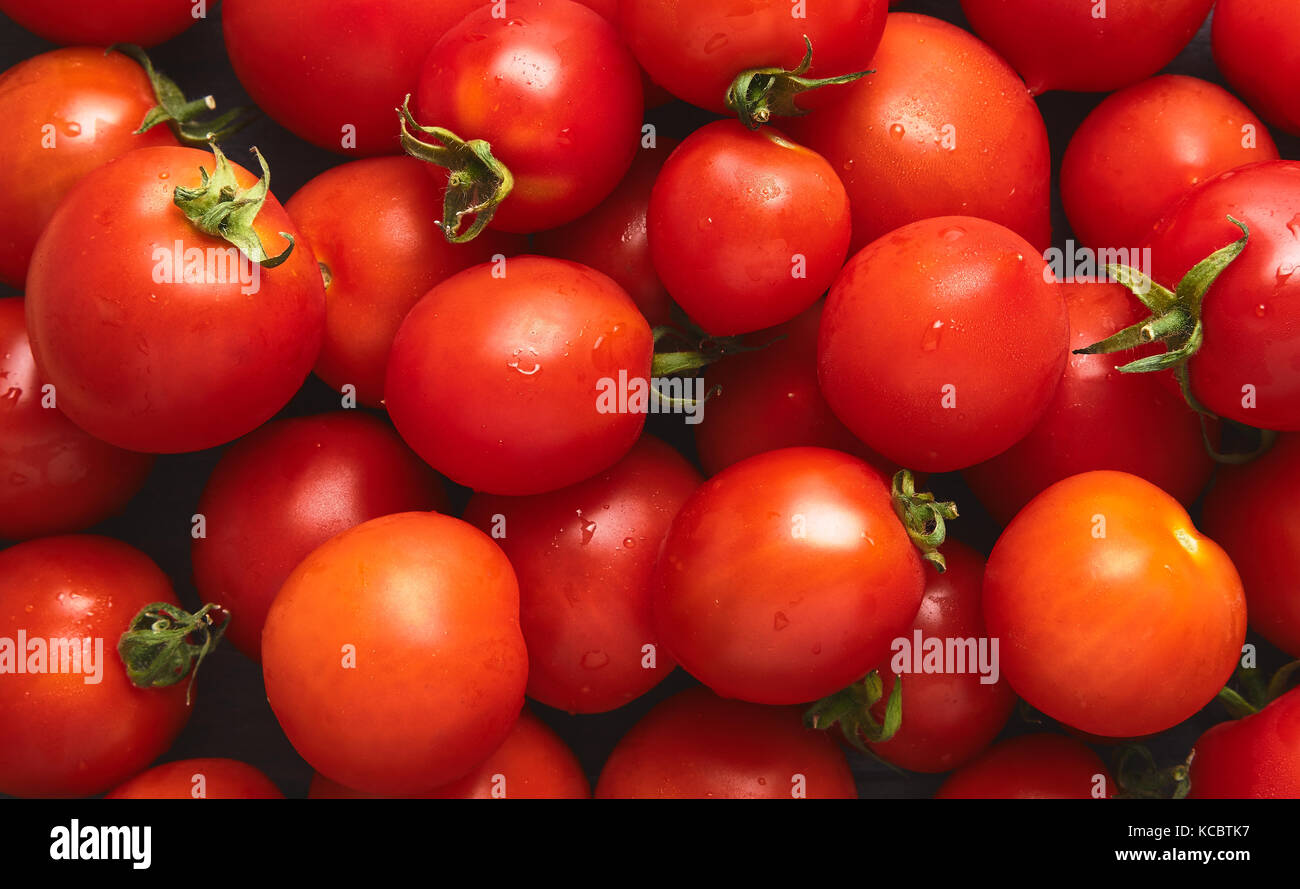 A top view, aerial view of a tray of bright red ripe tomatoes Stock ...