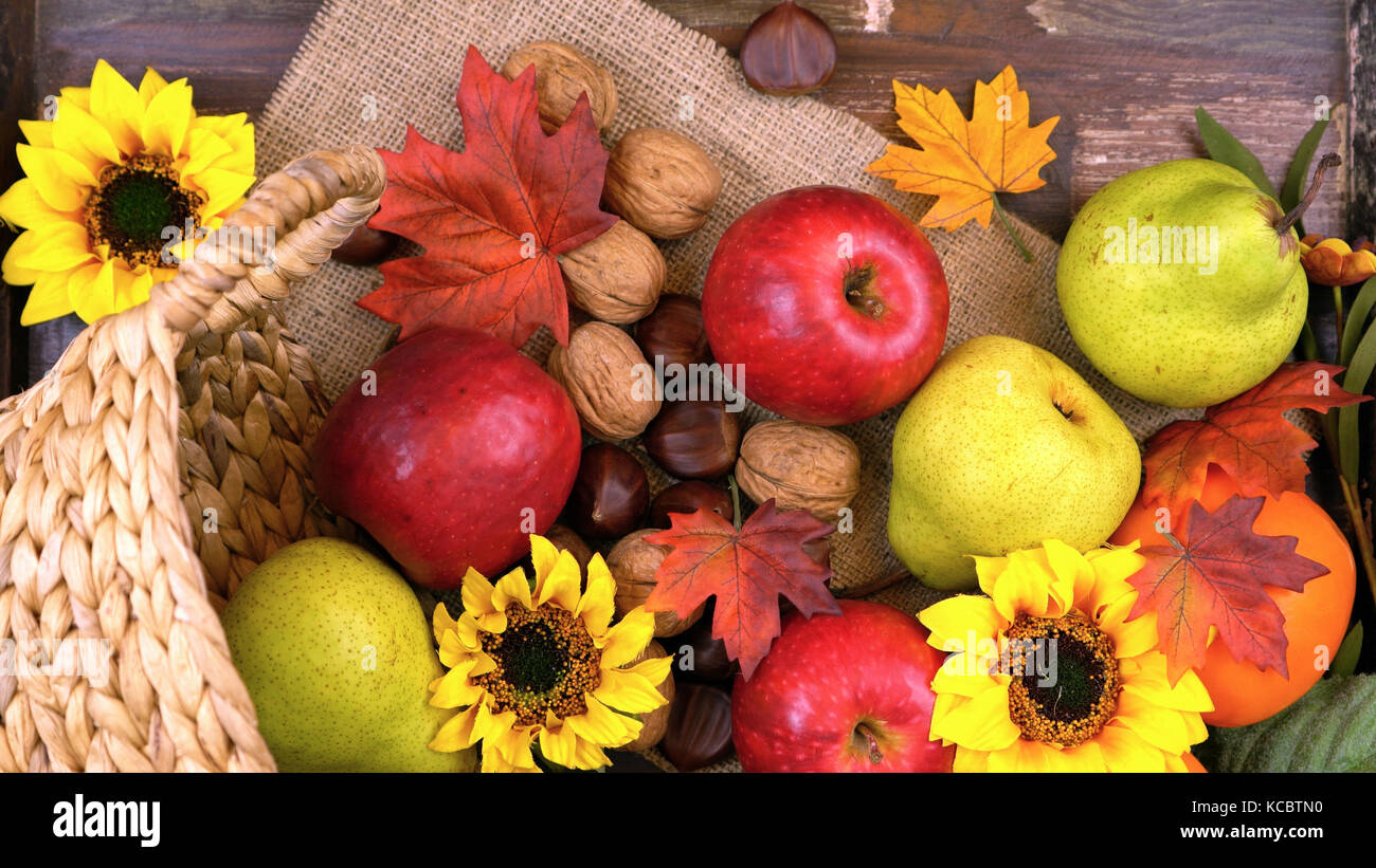 Autumn Fall overhead with seasonal fruit and nuts on a rustic wood ...