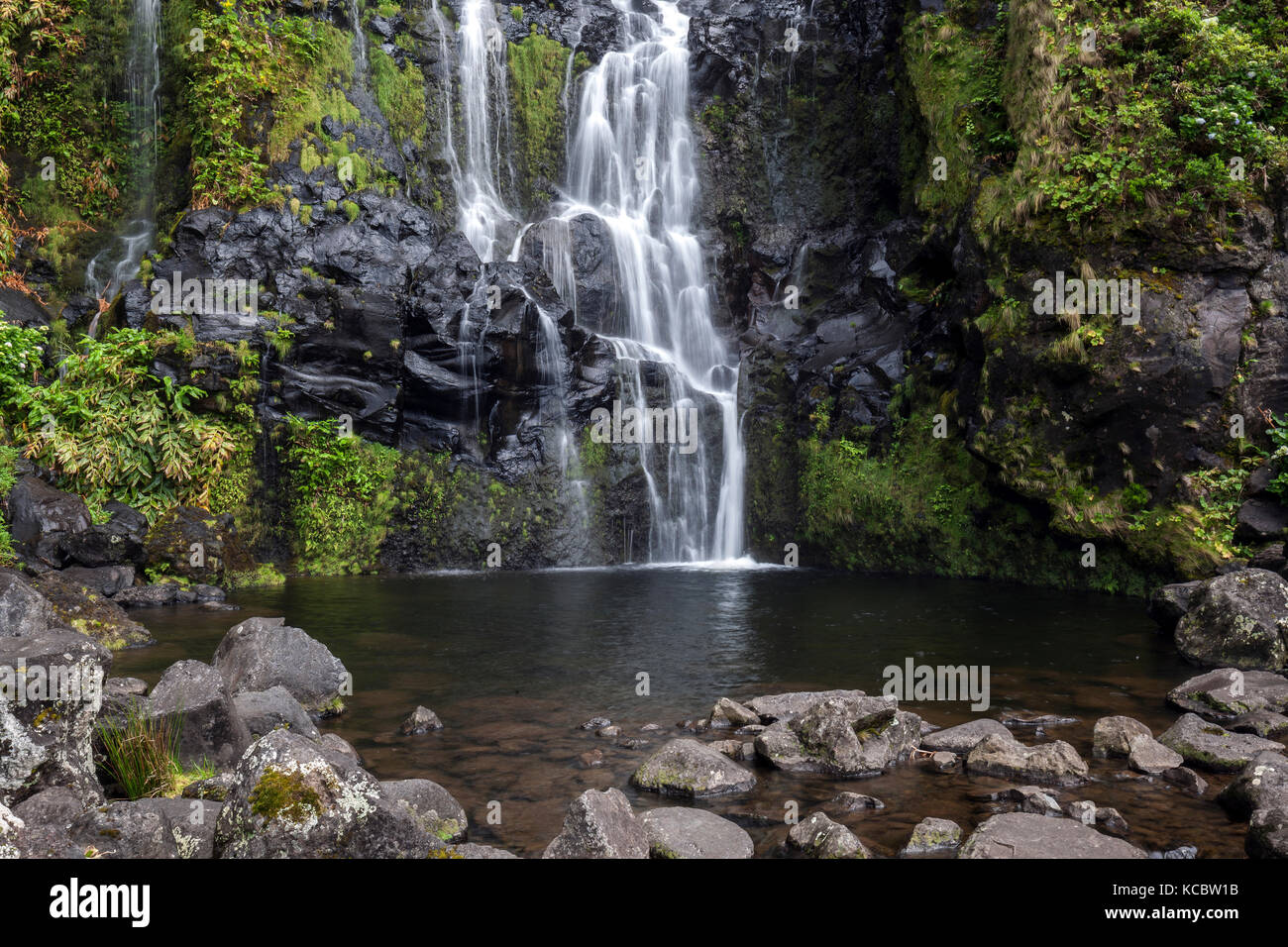 Waterfall Poca do Bacalhau, Faja Grande, Island of Flores, Azores ...