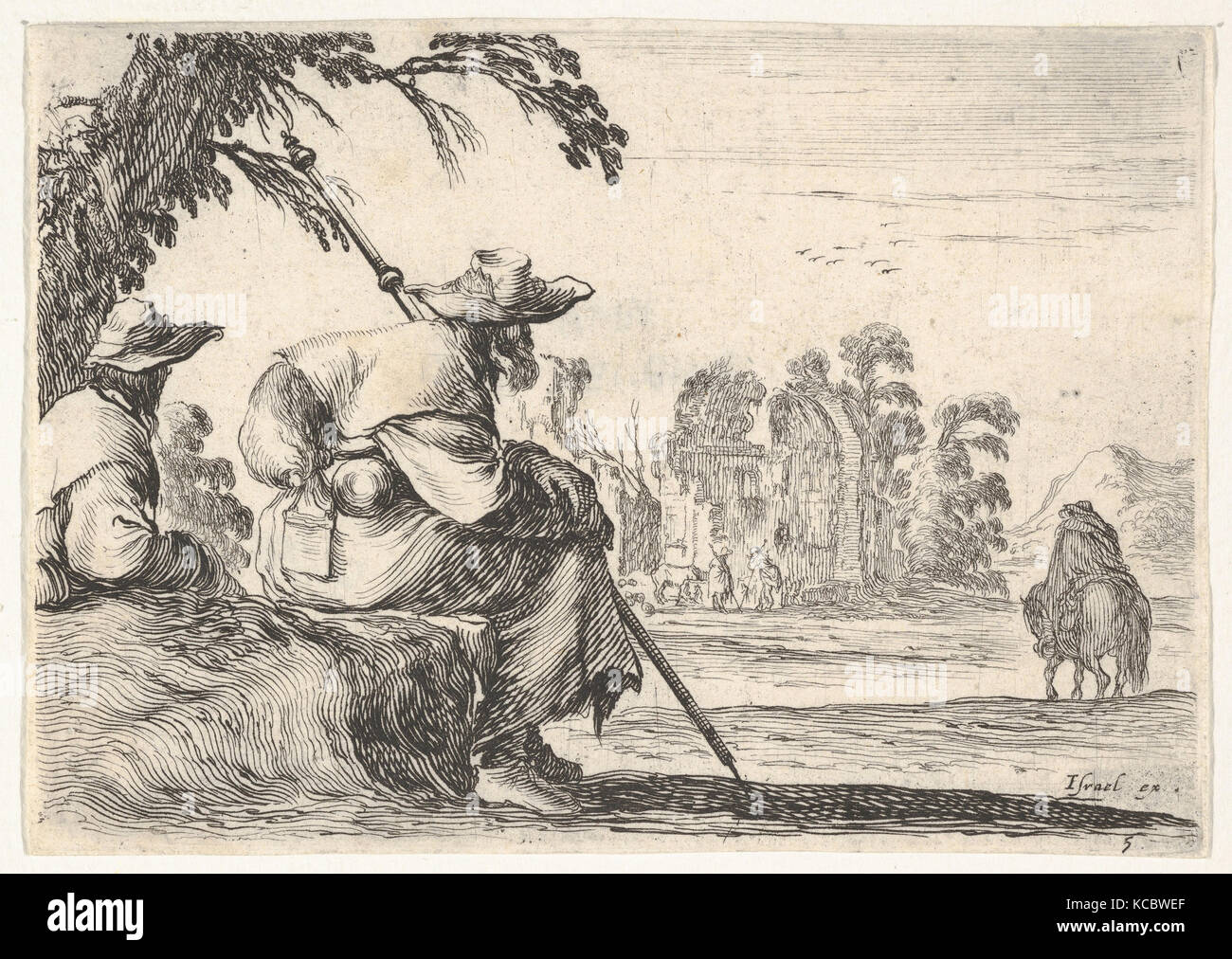 Plate 5: two pilgrims with hats rest to the left, seen from behind, a ...