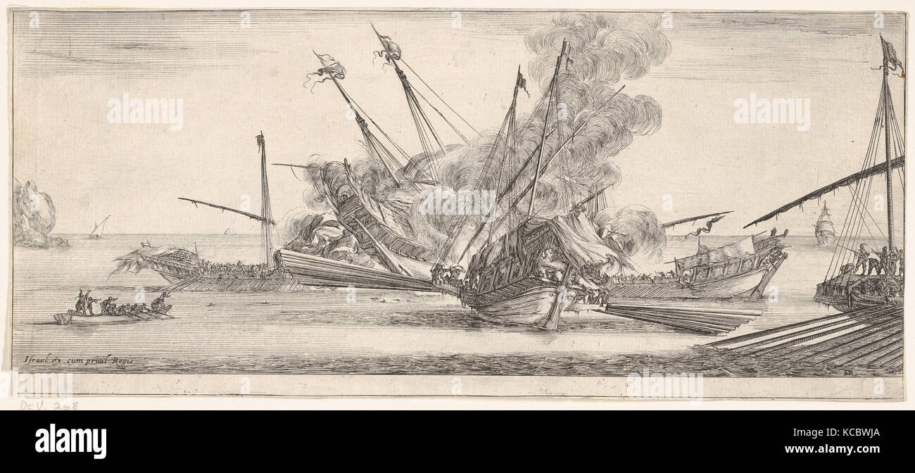Naval combat, a ship at center, seen from behind, firing at four enemy ...