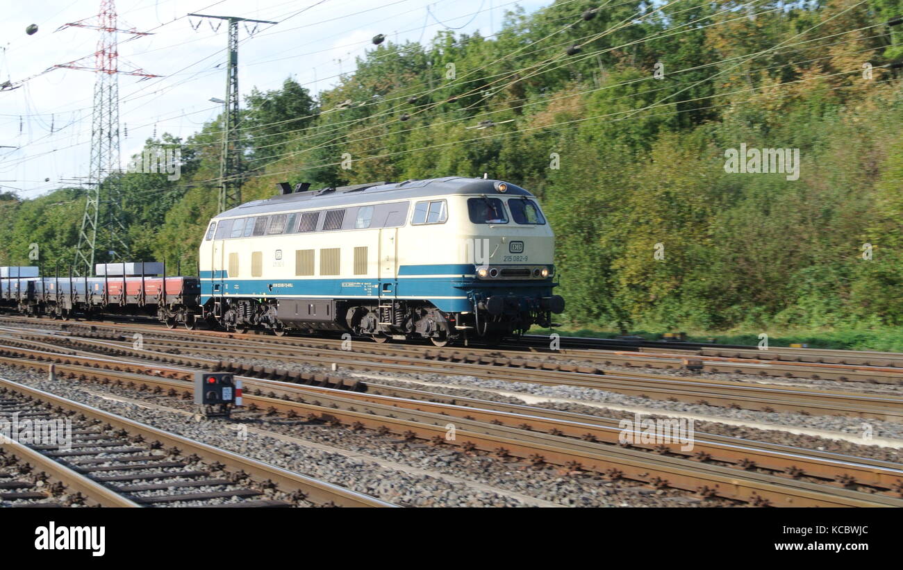 DB Class 215 diesel locomotive with mixed manifest freight train at ...