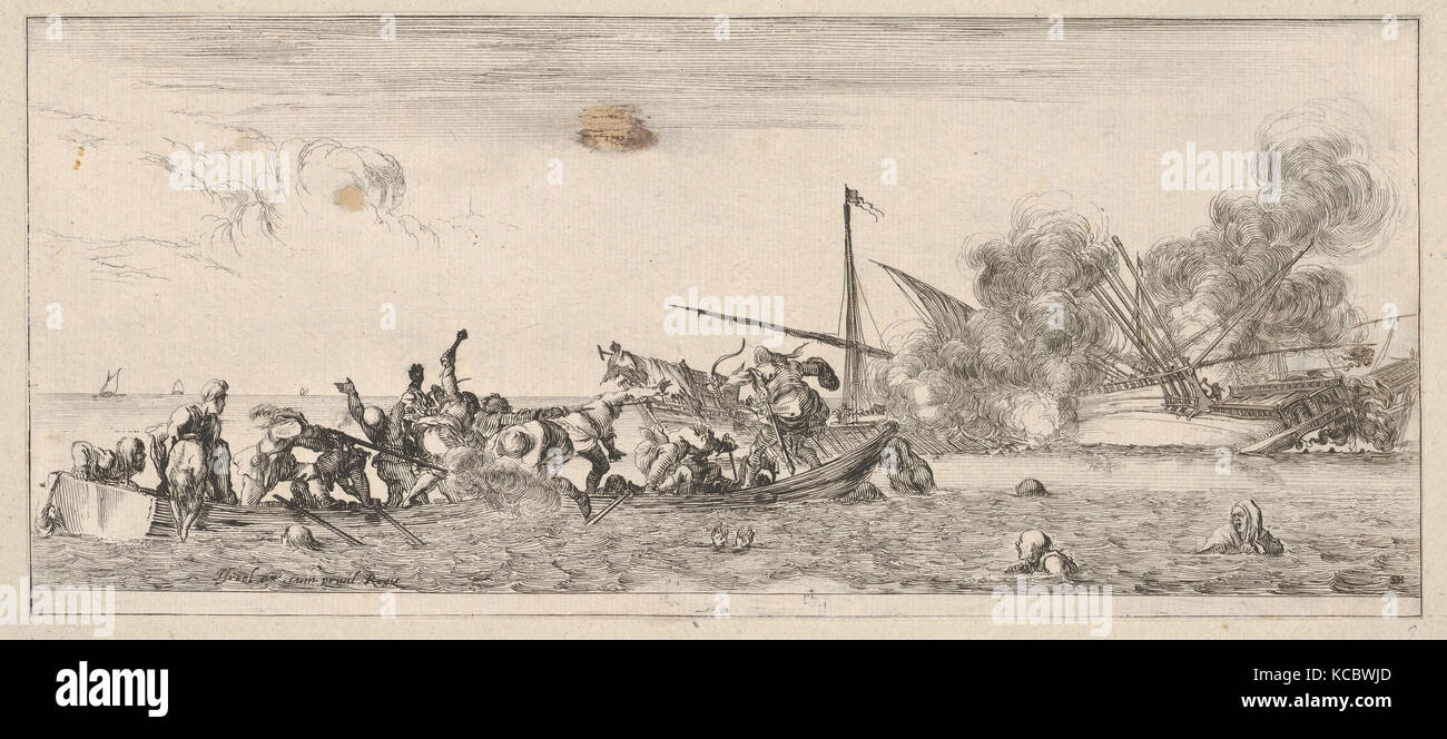 Naval battle, a rowboat filled with people fighting with muskets to ...