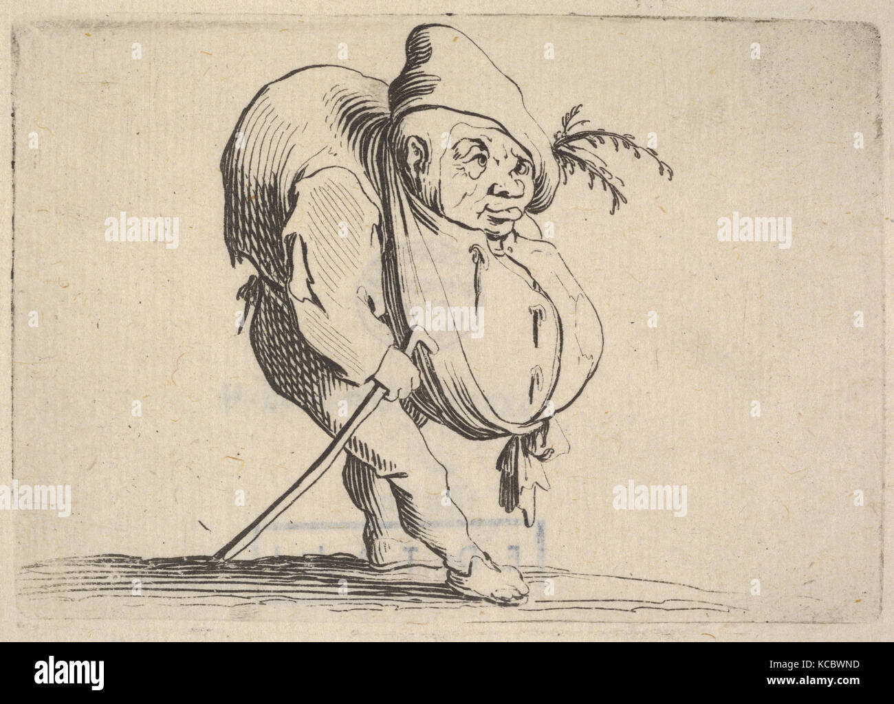 Small figure striding forward with cane and bulging abdomen, body in ...