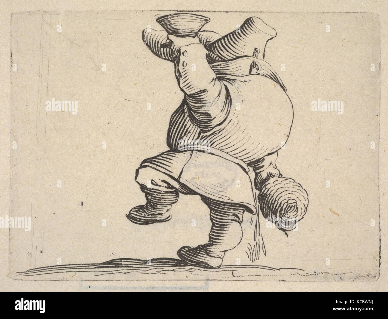 Small male figure in profile view whose face is hidden by his upraised ...