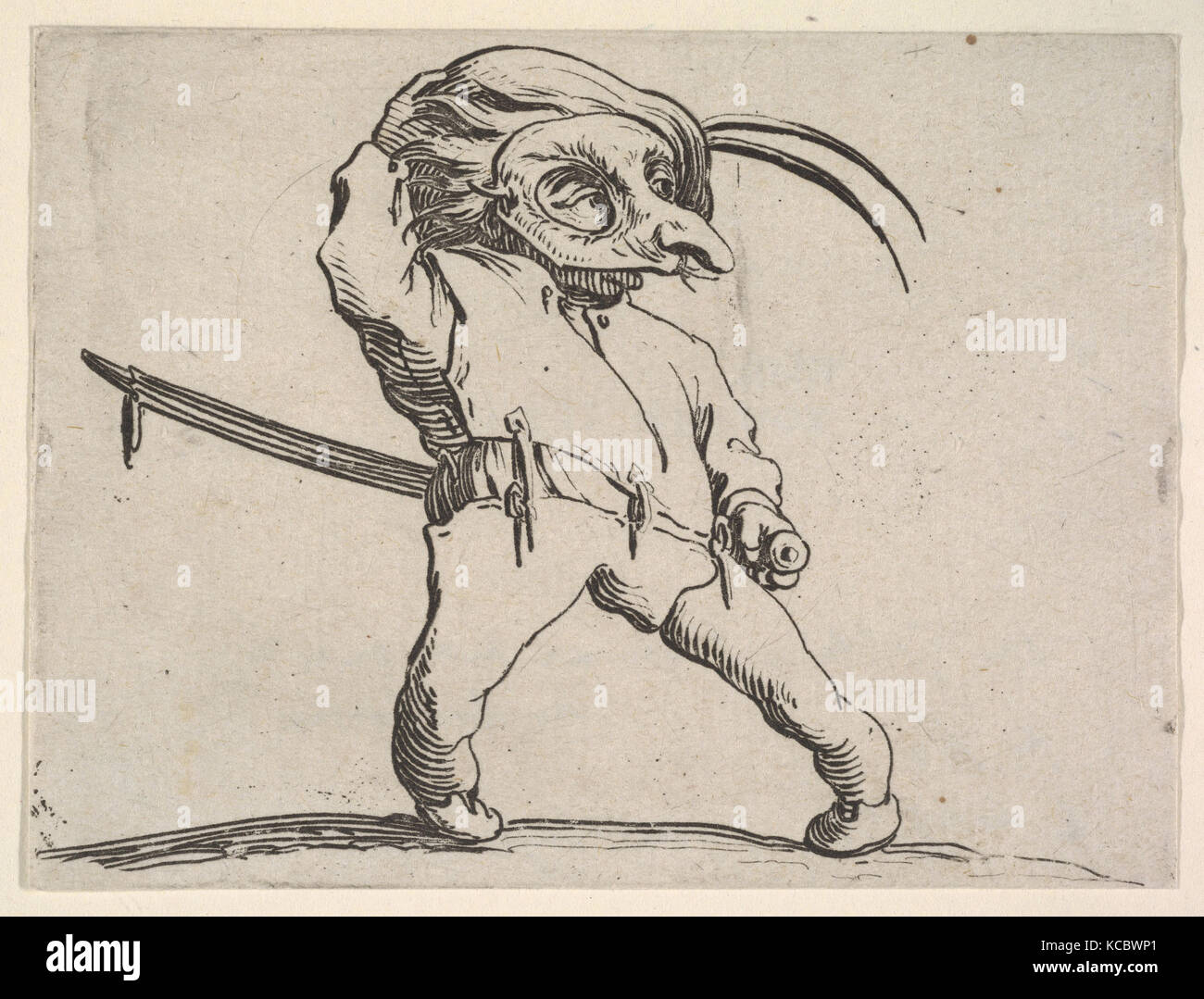 Masked, small male figure with right hand grasping hat and left hand ...