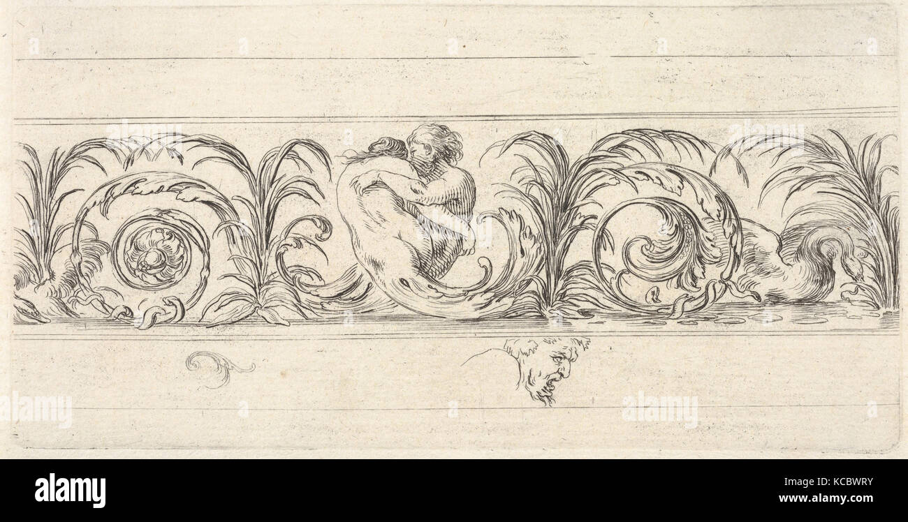 Plate 6: a triton and a siren fighting at center, their legs as ...