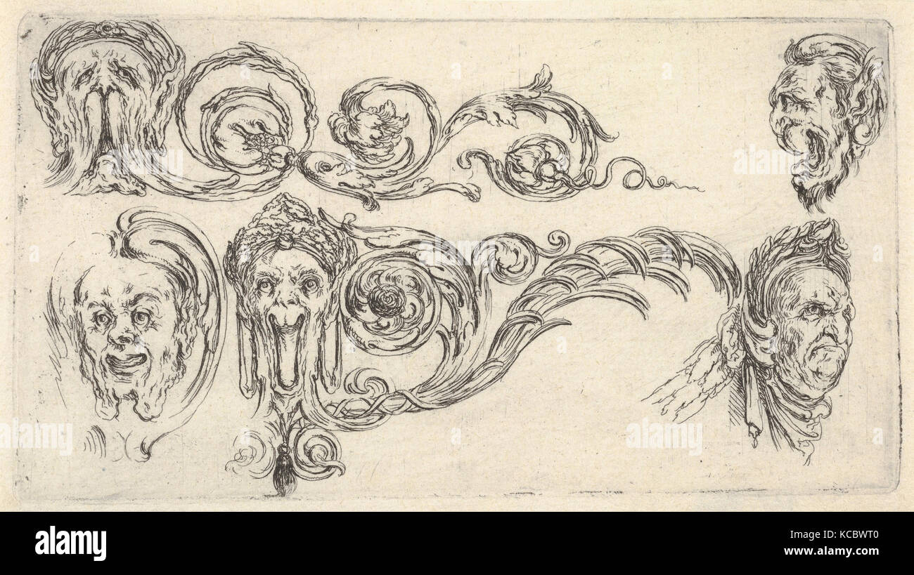 Plate 4: five grotesque heads, from 'Friezes, foliage, and grotesques ...