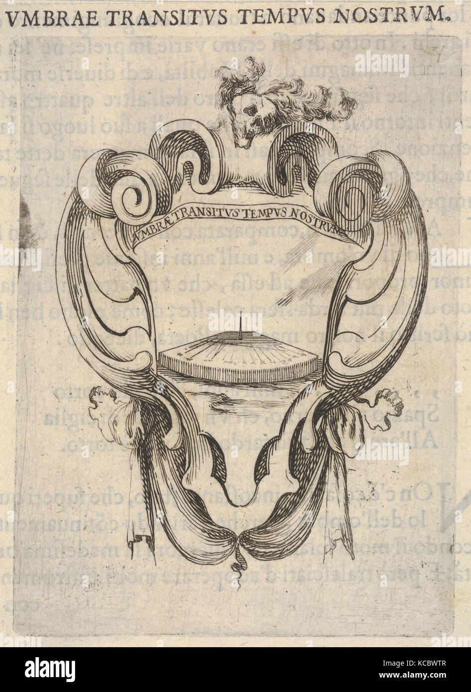 A cartouche with a sundial, a skull with feathers on its head at top ...