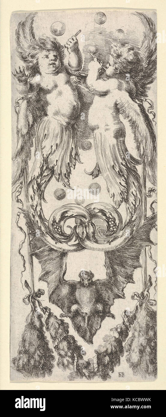 Two putti above, their legs ending in scrollwork, a bat below, from ...