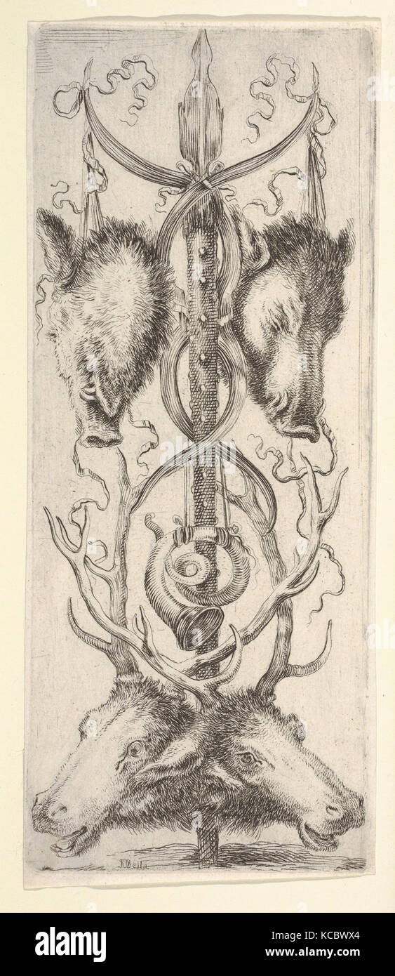 A hunting trophy, two wild boar heads above, two deer heads below, a ...
