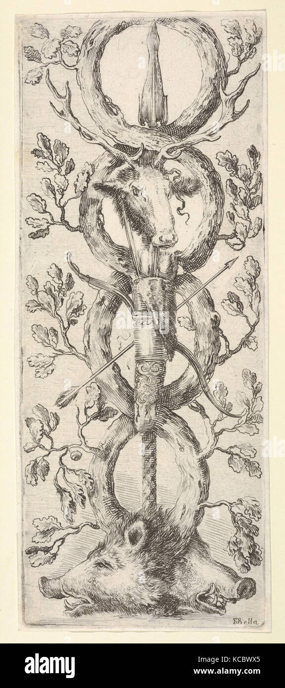 Two wild boar heads below, a deer head above, a bow and arrow in center ...