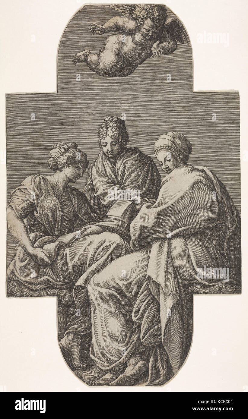 Three Muses seated underneath a flying putto who gestures downward, a ...