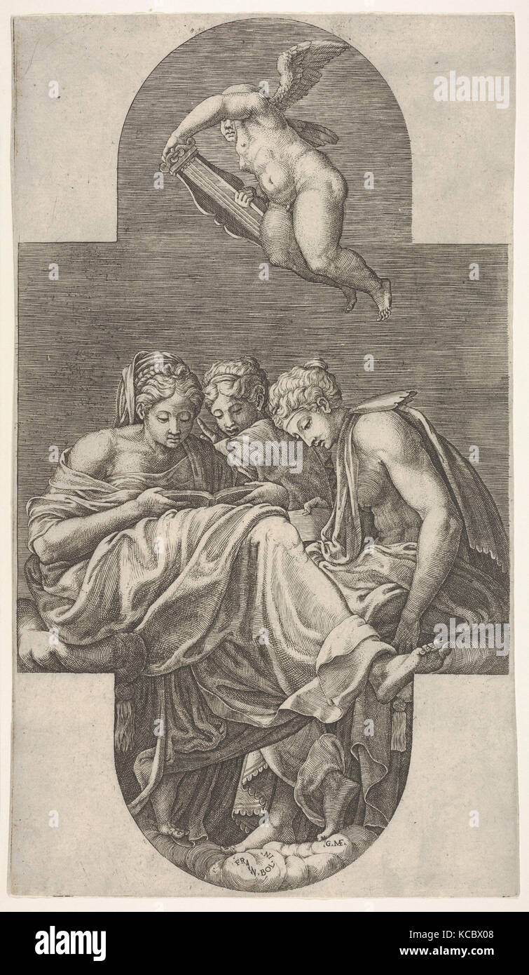 Three Muses seated below a flying putto who grasps a lyre with both ...