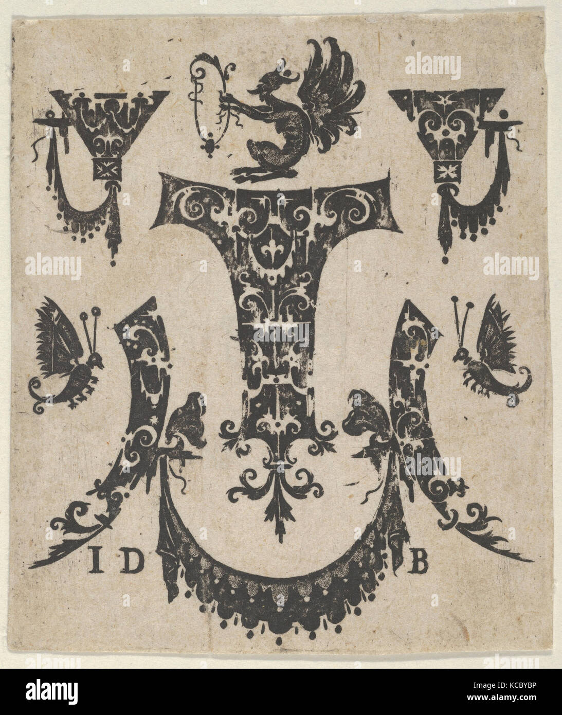 Blackwork Print with Five Ornament Motifs, a Pair of Butterflies and a ...