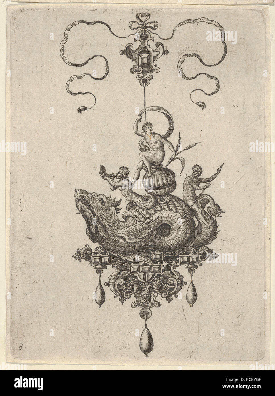 Pendant Design with a Sea Monster Carrying a Woman on a Shell Flanked ...