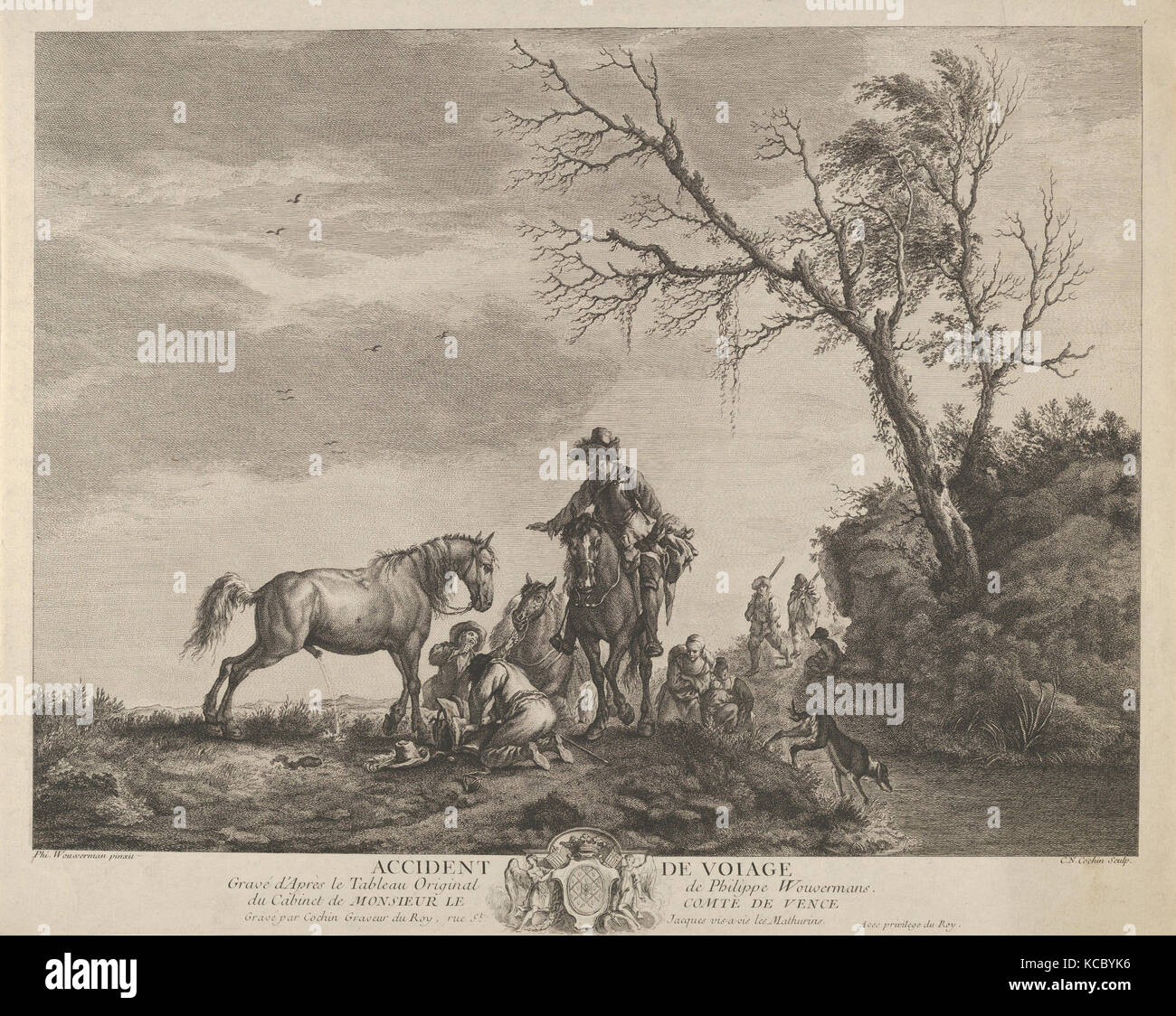An accident while traveling, a kneeling man fixing a broken saddle, a ...